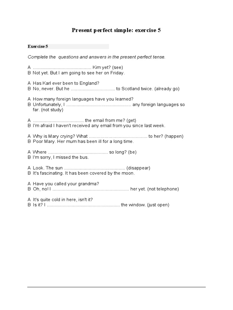 Present Perfect Simple Exercise 5 | PDF