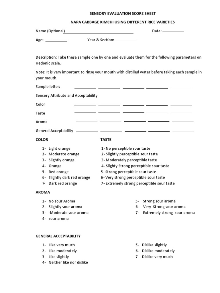 SENSORY EVALUATION SCORE SHEET Kimchi | PDF