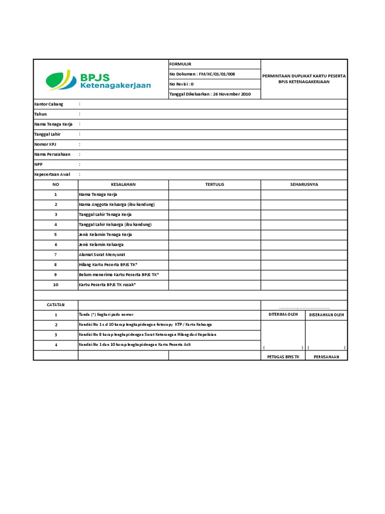 FORMULIR PERMINTAAN DUPLIKAT KARTU BPJS TK | PDF
