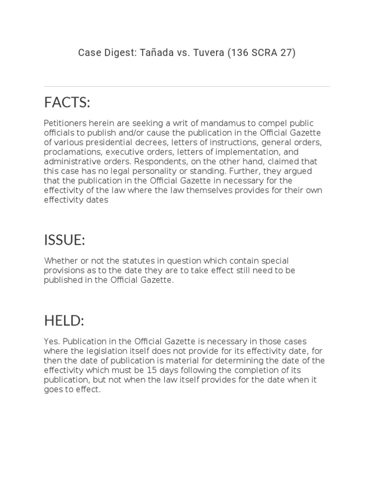 Case Digest - TAnada 136 SCRA 27 | PDF
