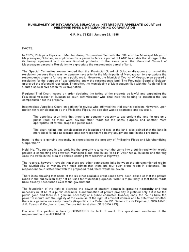 Expropriation Case: Meycauayan vs. Philippine Pipes | PDF | Eminent ...