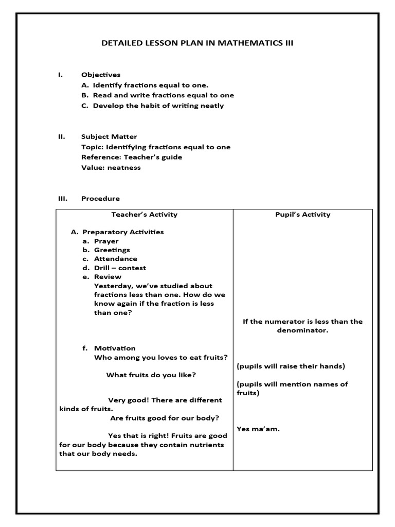 Detailed Lesson Plan in Mathematics III | PDF | Fraction (Mathematics) | Cognition