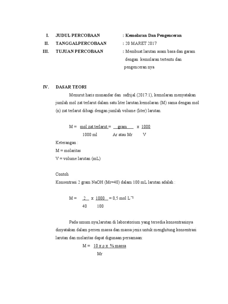 Kemolaran dan Pengenceran Larutan Kimia | PDF