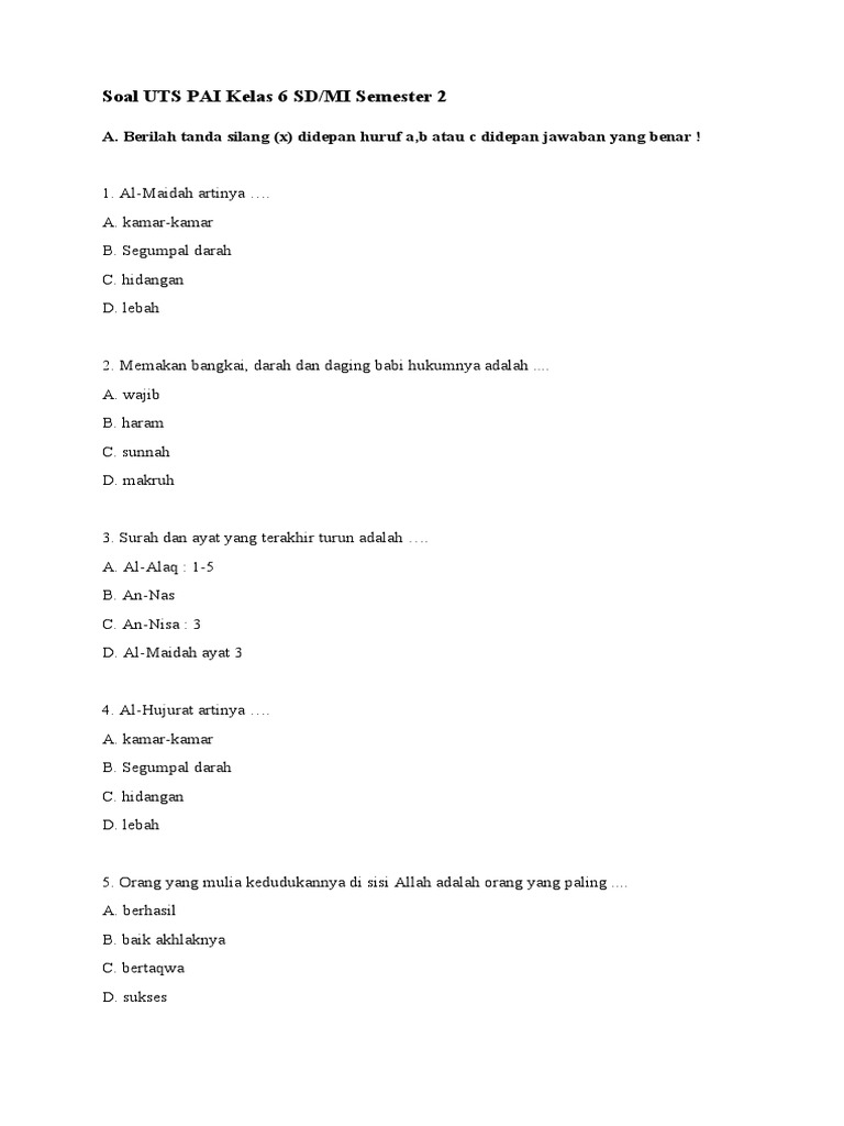 Soal UTS PAI Kelas 6 Semester 2 k13 SD MI Dan Kunci Jawabanya | PDF