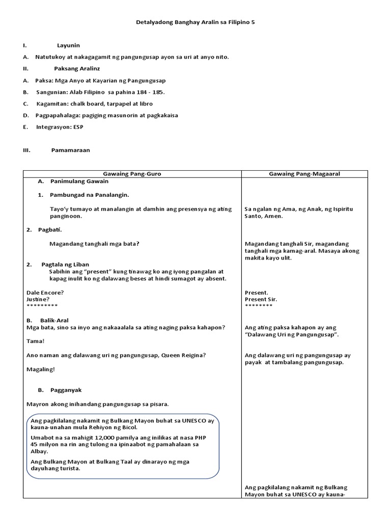 Detalyadong Banghay Aralin Sa Filipino 5 | PDF