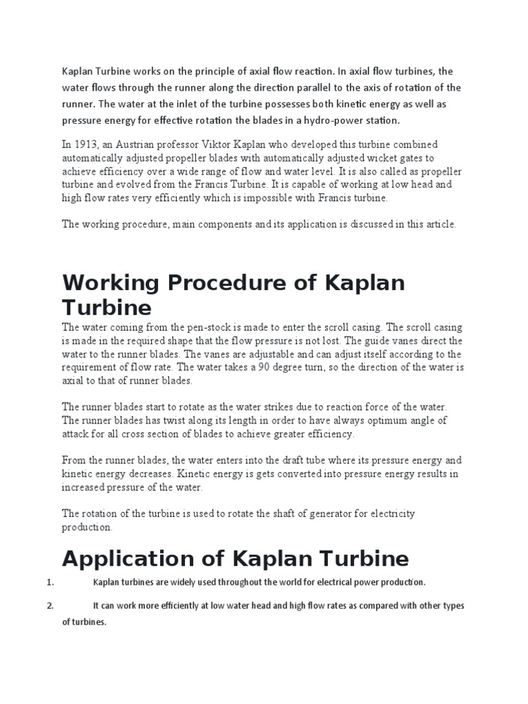 Kaplan Turbine Works On The Principle of Axial Flow Reaction | PDF ...
