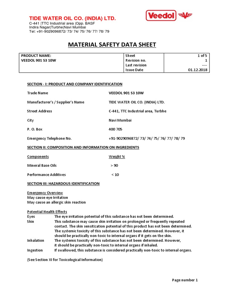 MSDS - 901 S3 10W | PDF | Toxicity | Personal Protective Equipment