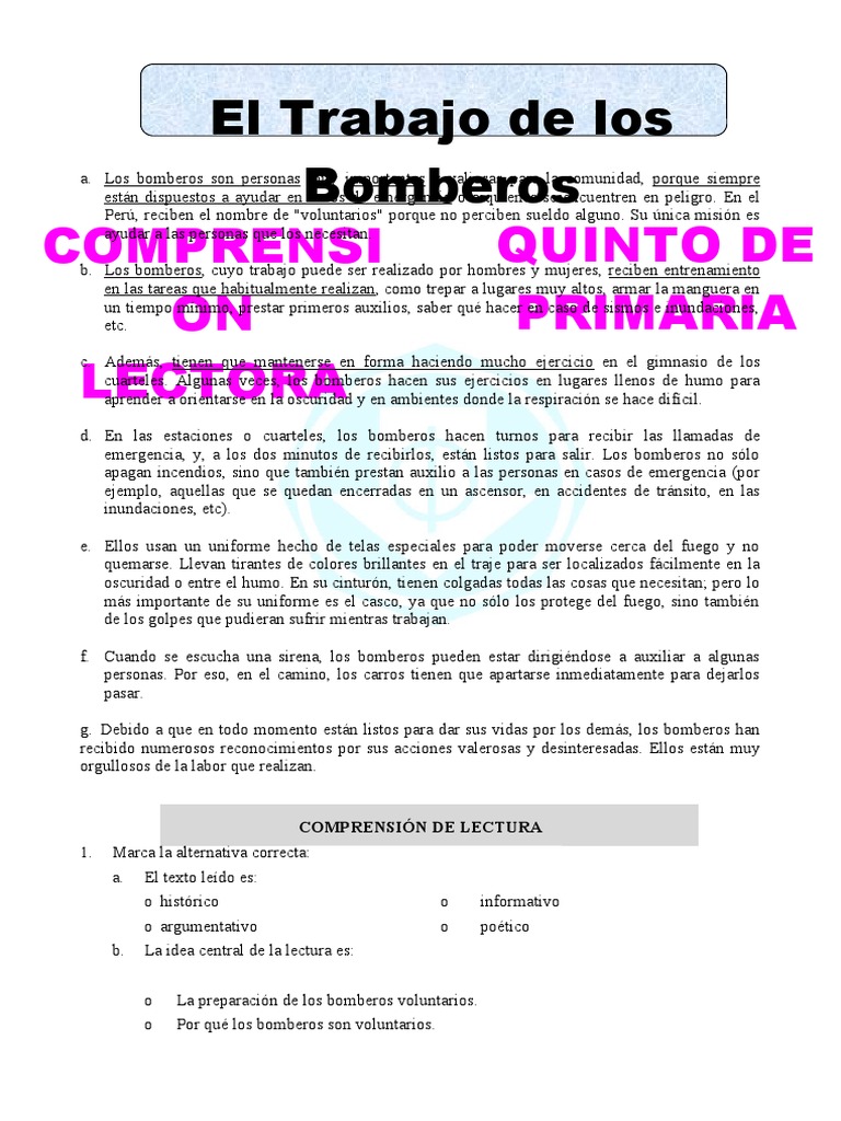 Ficha El Trabajo de Los Bomberos para Quinto de Primaria | PDF | Bombero