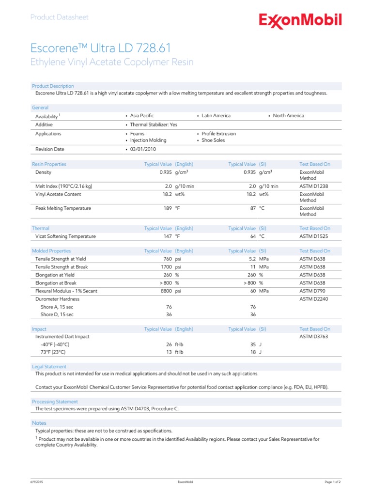 Escorene Ultra LD728.61 | PDF | Polyvinyl Chloride | Exxon Mobil