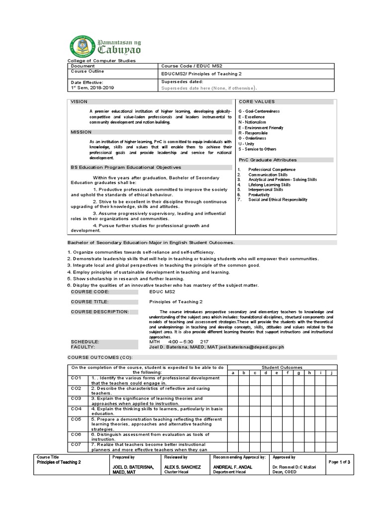 Course-Outline-Principles of Teaching | Download Free PDF | Learning ...