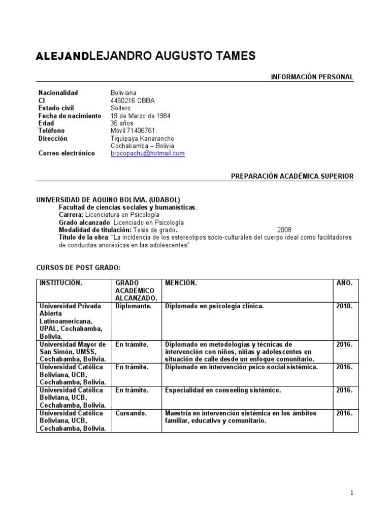 CV Alejandro Tames2020 Actualizado | PDF | Bolivia | Jacques Lacan