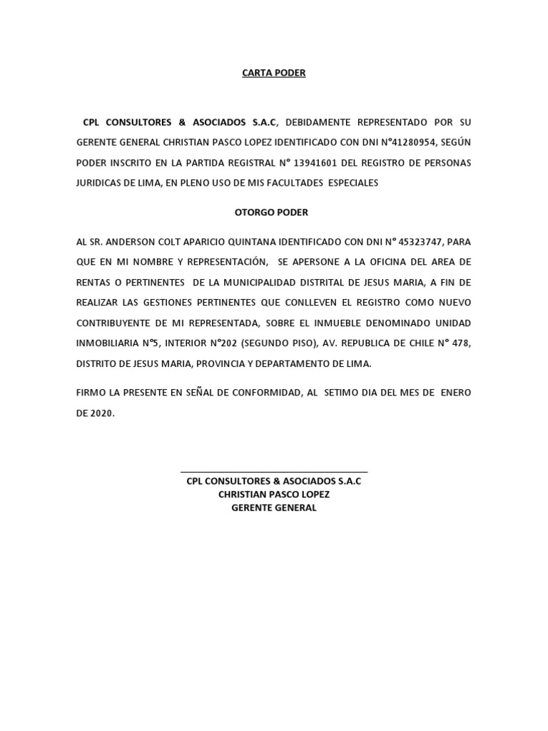 Carta poder para realizar trámites de registro como contribuyente ante ...
