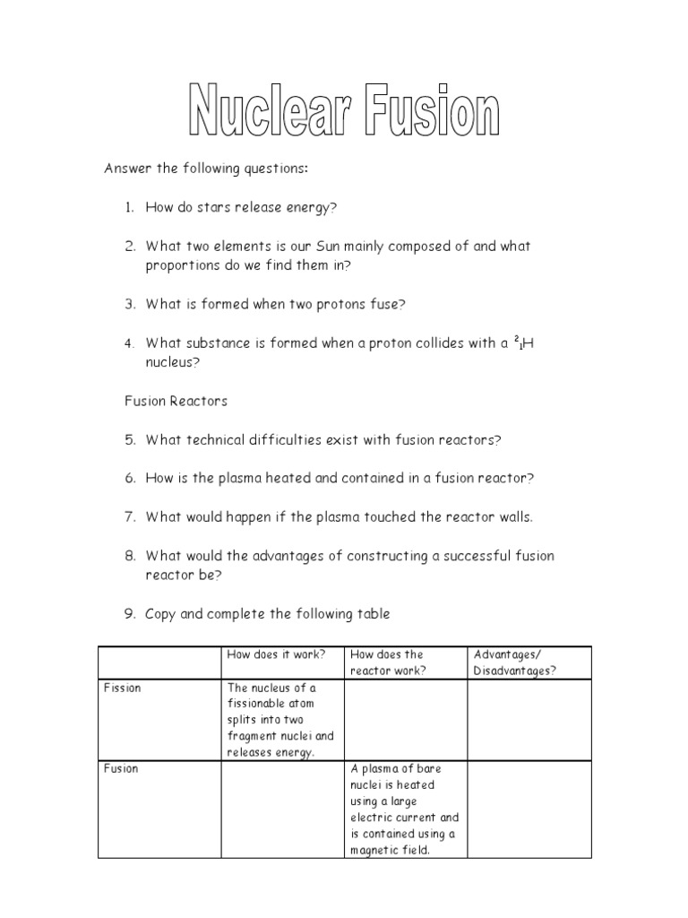 Nuclear Fusion Worksheet | PDF | Nuclear Fusion | Atomic Nucleus