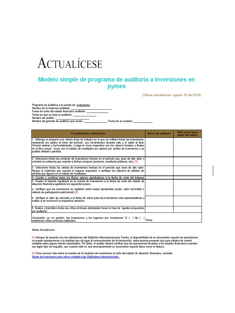 Modelo Programa de Auditoria Sobre Inversiones | PDF | Auditoría | Contralor