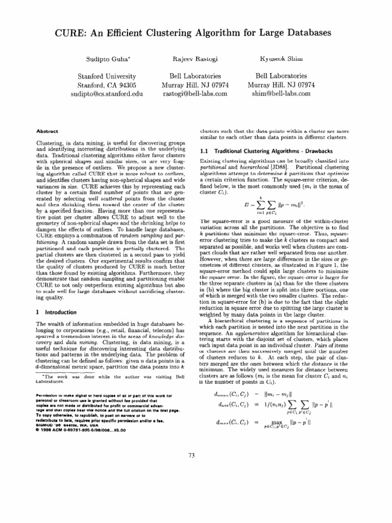 Cure: An Efficient Clustering Algorithm For Large Databases | PDF
