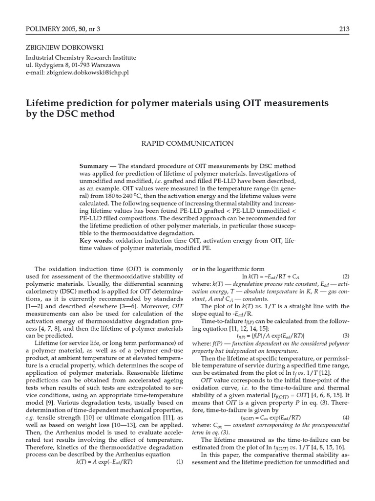 Lifetime Prediction For Polymer Materials Using OIT Measurements by The ...