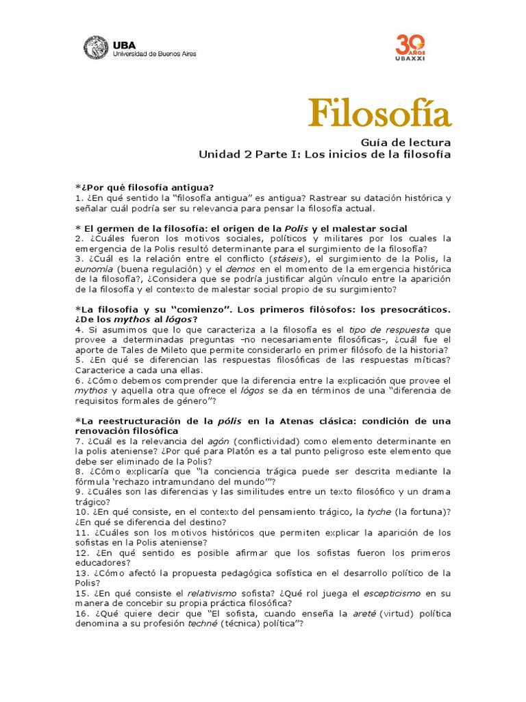 Guía de Lectura - Unidad 2 Parte I. Los Inicios de La Filosofía | PDF | Filosofía griega antigua ...