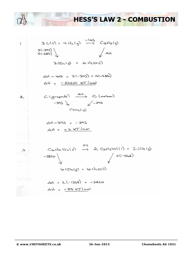Chemsheets As 1051 Hesss Law 2 Combustion Ans Mnbe52 | PDF