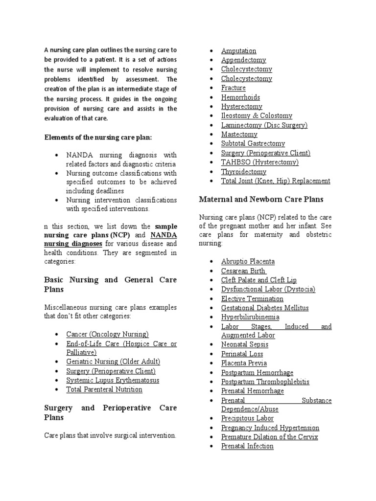 A Nursing Care Plan Outlines The Nursing Care To Be Provided To A ...