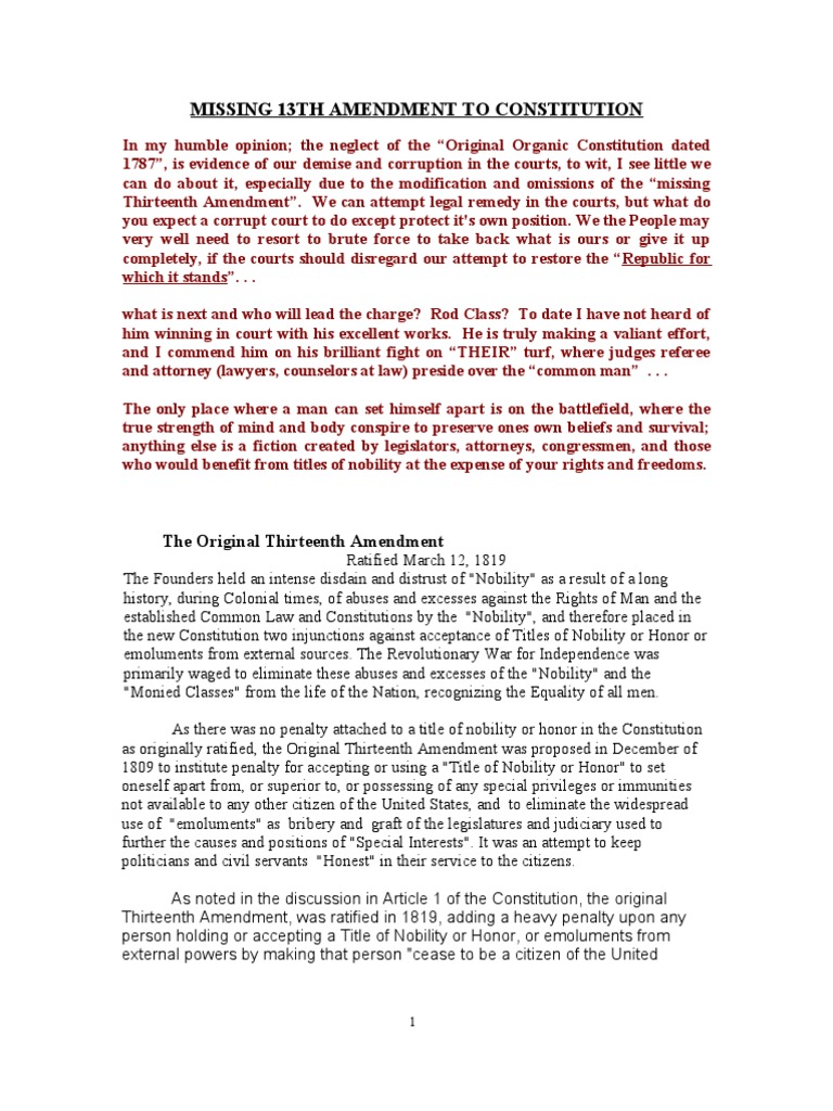The Missing 13th Amendment Explained | PDF | Thirteenth Amendment To ...