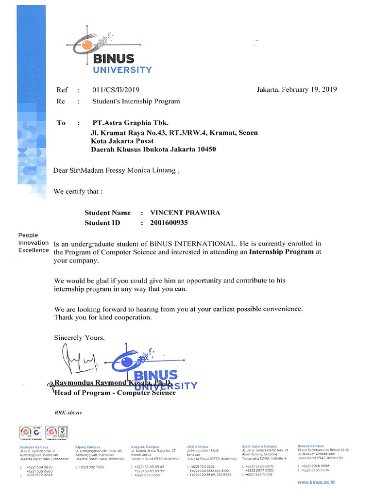 Surat Keterangan Vincent Prawira Magang Binus | PDF