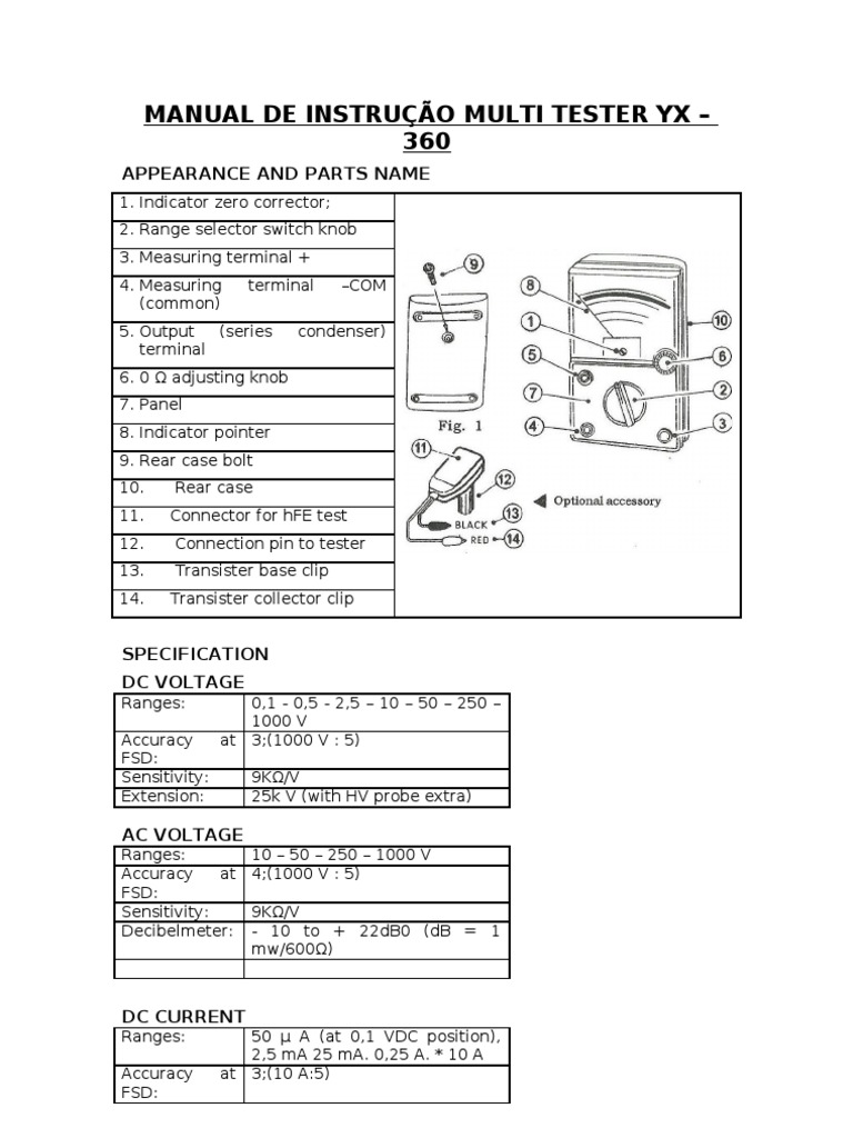 Manual de Instrução Multi Tester Yx - 360 | PDF | Transistor ...