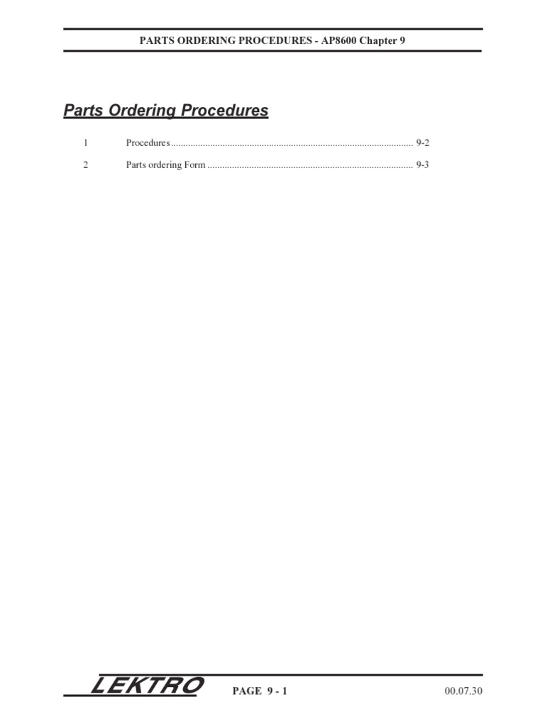 Lektro Chapter 9 Parts Ordering | PDF