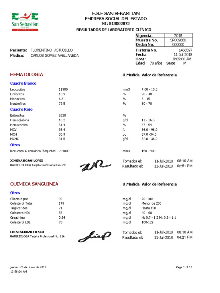 Resultados Laboratorio Clínico 1466597 | PDF | Leucocito | Fisiologia Animal