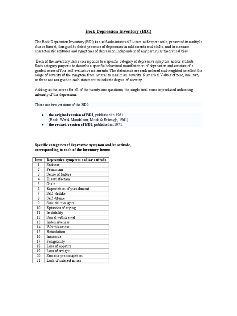 Beck Depression Inventory Overview | PDF | Depression (Mood ...