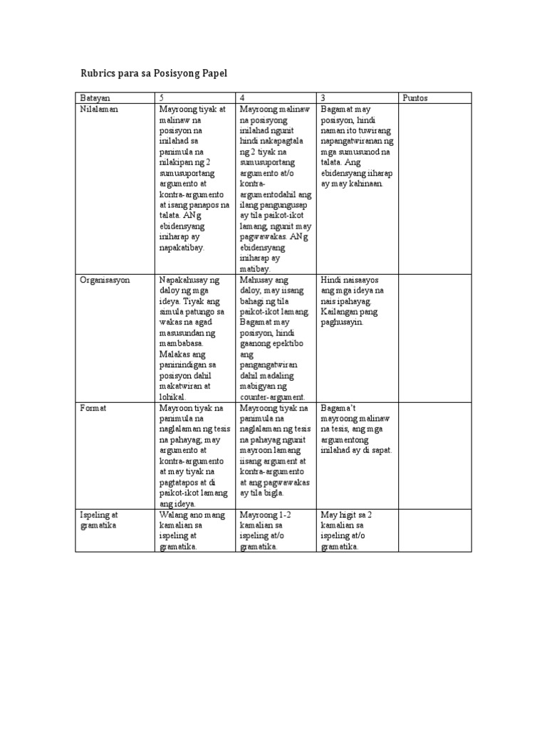 Rubrics para Sa Posisyong Papel | PDF