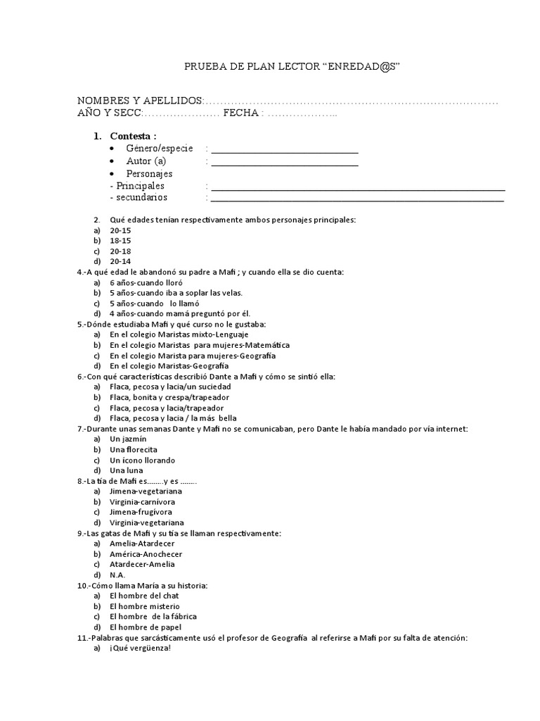 Prueba de Plan Lector | PDF