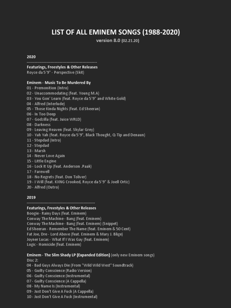Complete List of Eminem Songs (1988-2020) | PDF | African American ...