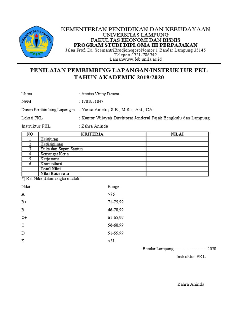 Form Penilaian PKL | PDF