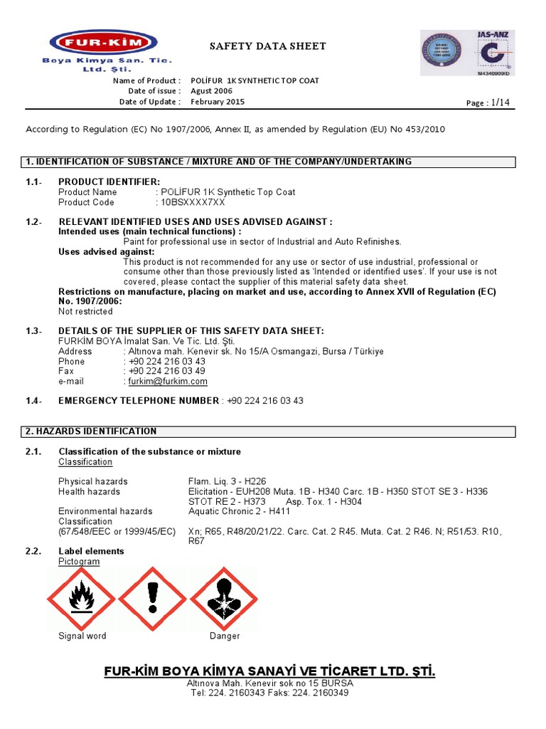 Polifur 1K Synthetic Top Coat MSDS Rev 2 EN | PDF | Personal Protective ...
