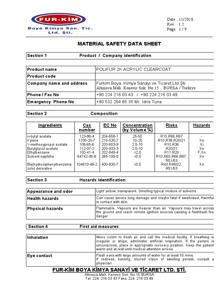POLIFUR 2K Acrylic Clearcoat MSDS | PDF | Fires | Physical Sciences