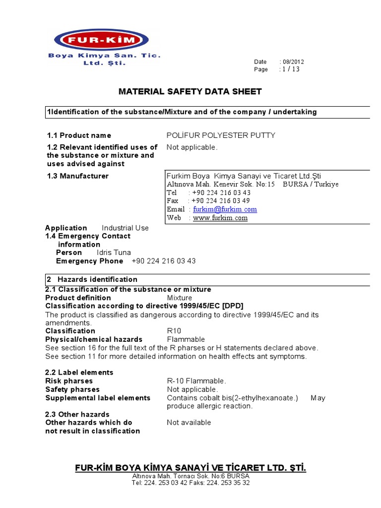 Industrial Polyester Putty Safety | PDF | Toxicity | Fires