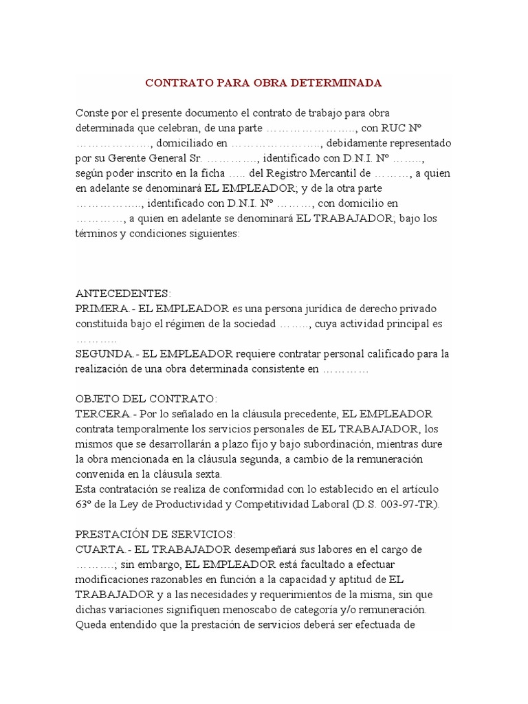 Contrato para Obra Determinada | PDF | Salario | Derecho laboral