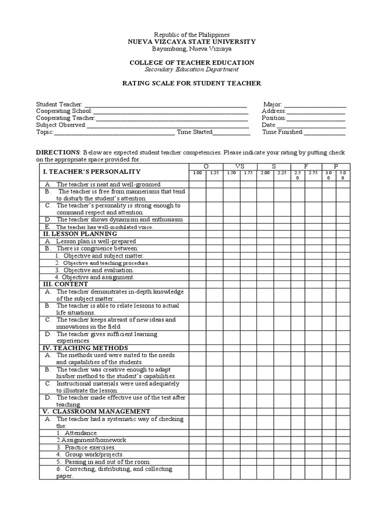 Rating Scale for Assessing the Performance of Student Teachers in the ...