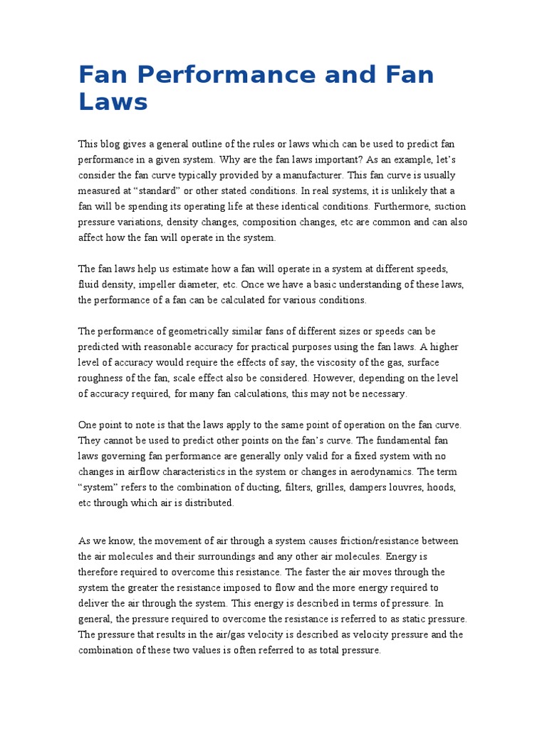 Fan Performance and Fan Laws | PDF | Mechanical Engineering | Fluid ...