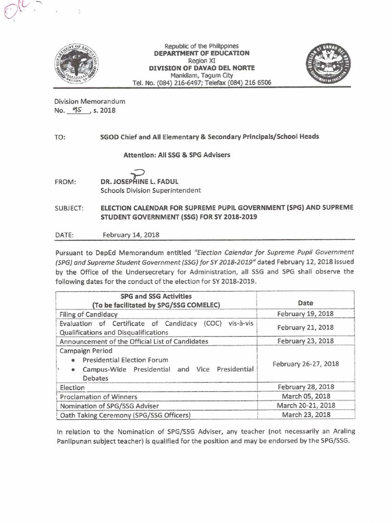 DM-095, S. 2018 ELECTION CALENDAR FOR SUPREME PUPIL GOVERNMENT (SPG) AND SUPREME STUDENT ...