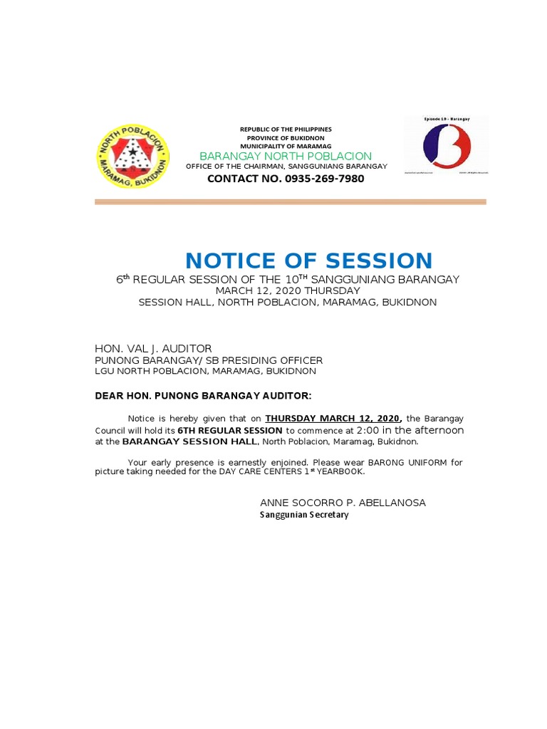 Barangay Session Notice Maramag | PDF | Philippines