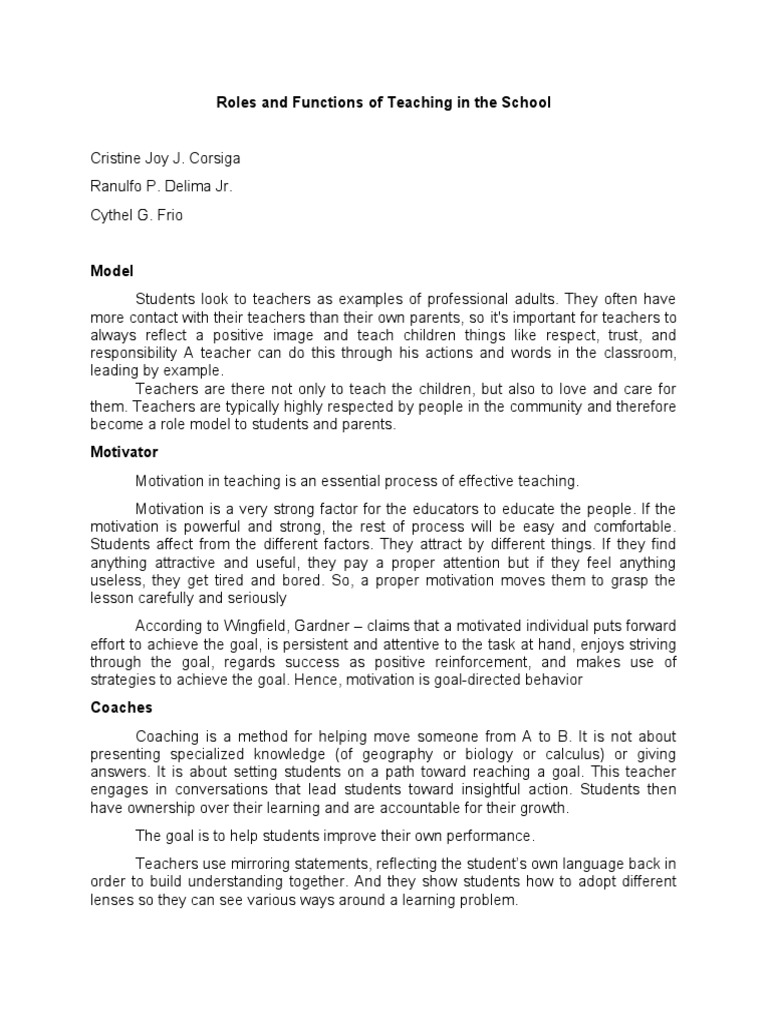 Roles and Functions of Teaching in The School | PDF | Teachers | Curriculum