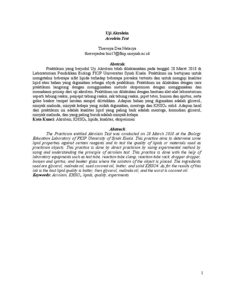 Uji Akrolein Acrolein Test | PDF