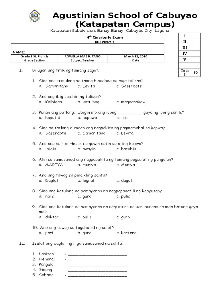 4th Quarterly Exam Grade 1 Filipino | PDF