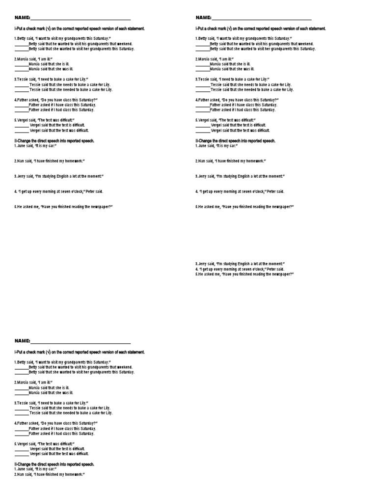 Direct and Reported Speech Quiz | PDF