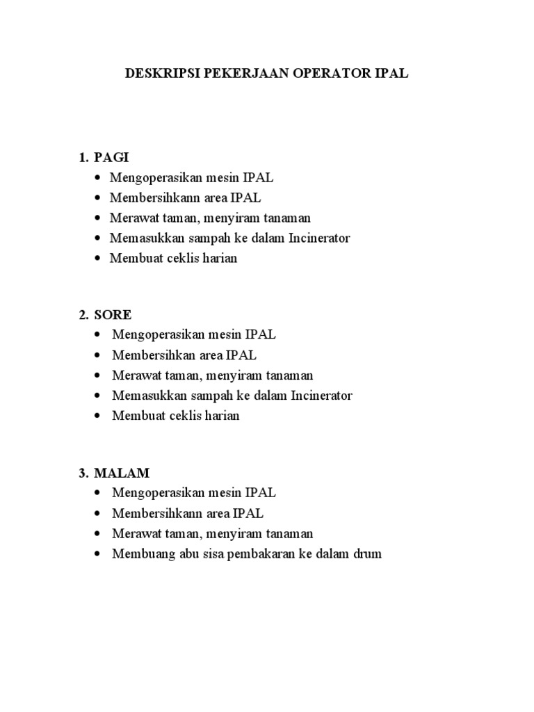 Deskripsi Pekerjaan Operator Ipal | PDF | Griya & Taman | Teknologi ...