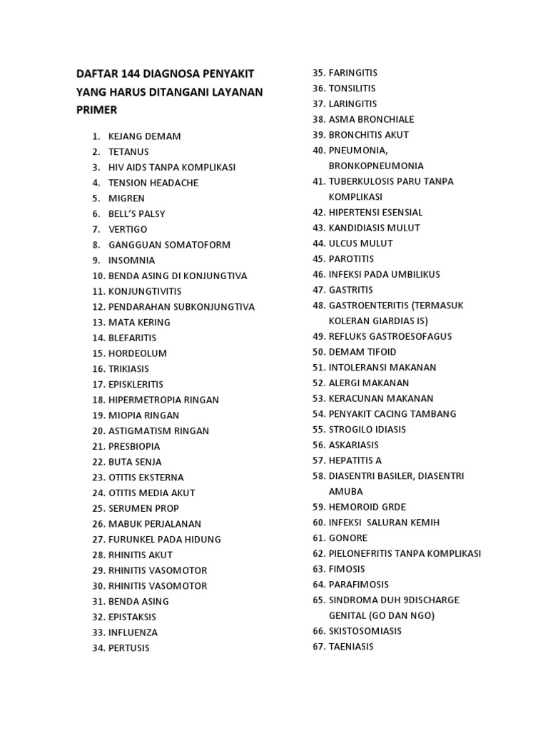 Daftar 144 Diagnosa Penyakit Yang Harus Ditangani Layanan Primer | PDF