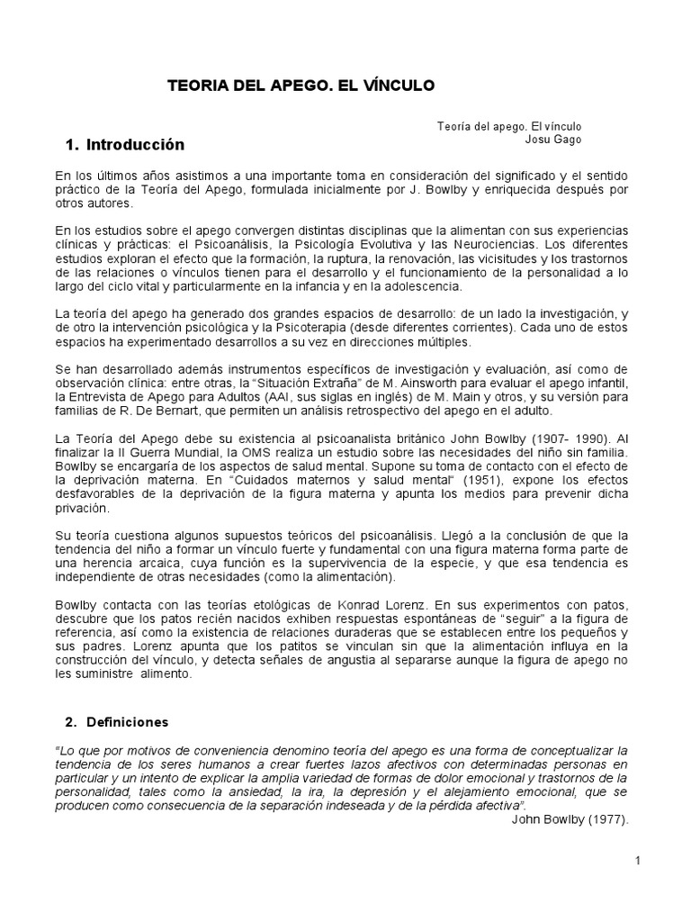Teoría Del Apego. El Vínculo. J. Gago 2014 | PDF | Teoría de apego | Acción (filosofía)