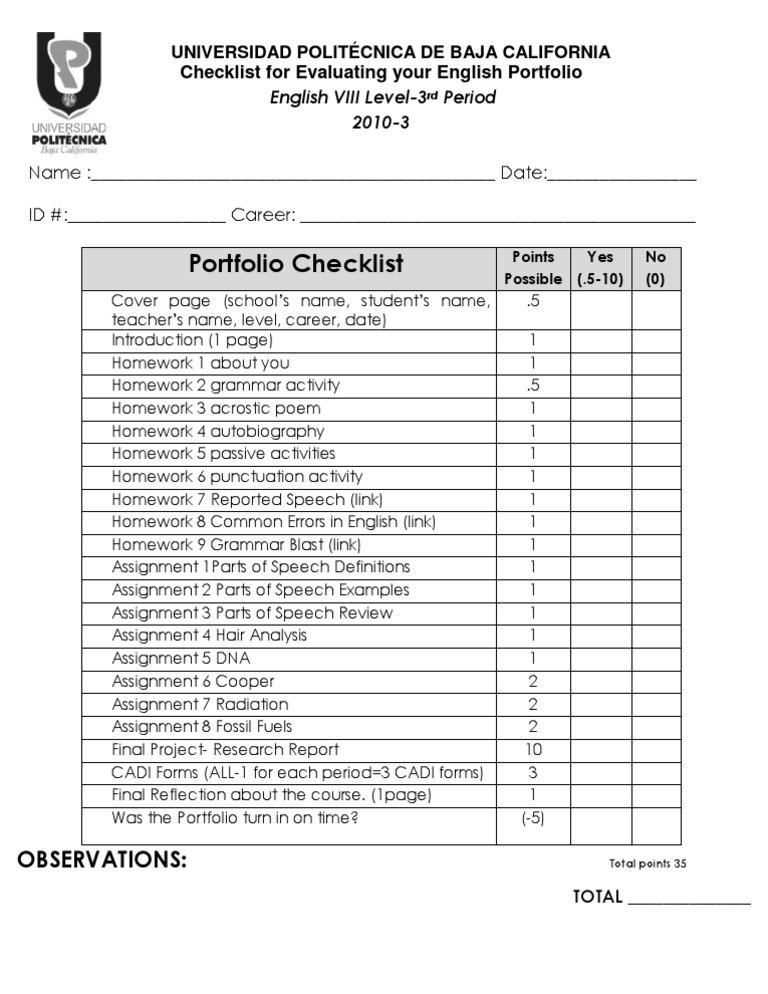 English Portfolio Evaluation Checklist | PDF