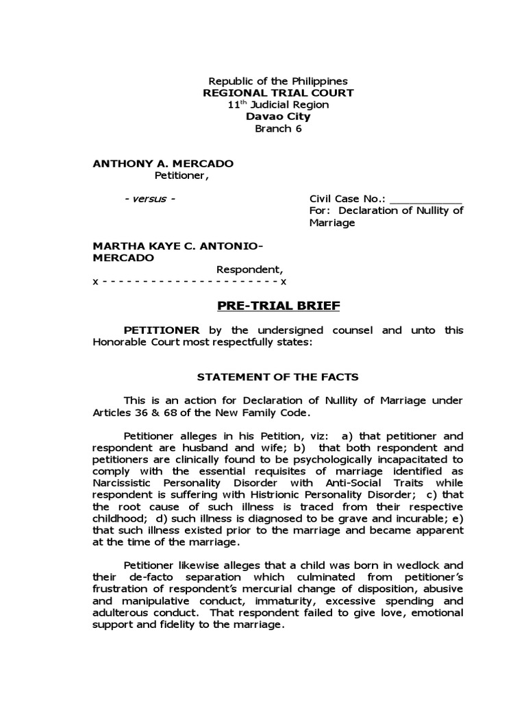 Petition For Declaration Of Nullity Of Marriage Due To Psychological
